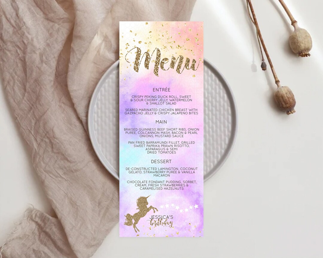 Unicorn Rainbow Menu Template Pastel Unicorn Menu Magical Ombre Unicorn ...