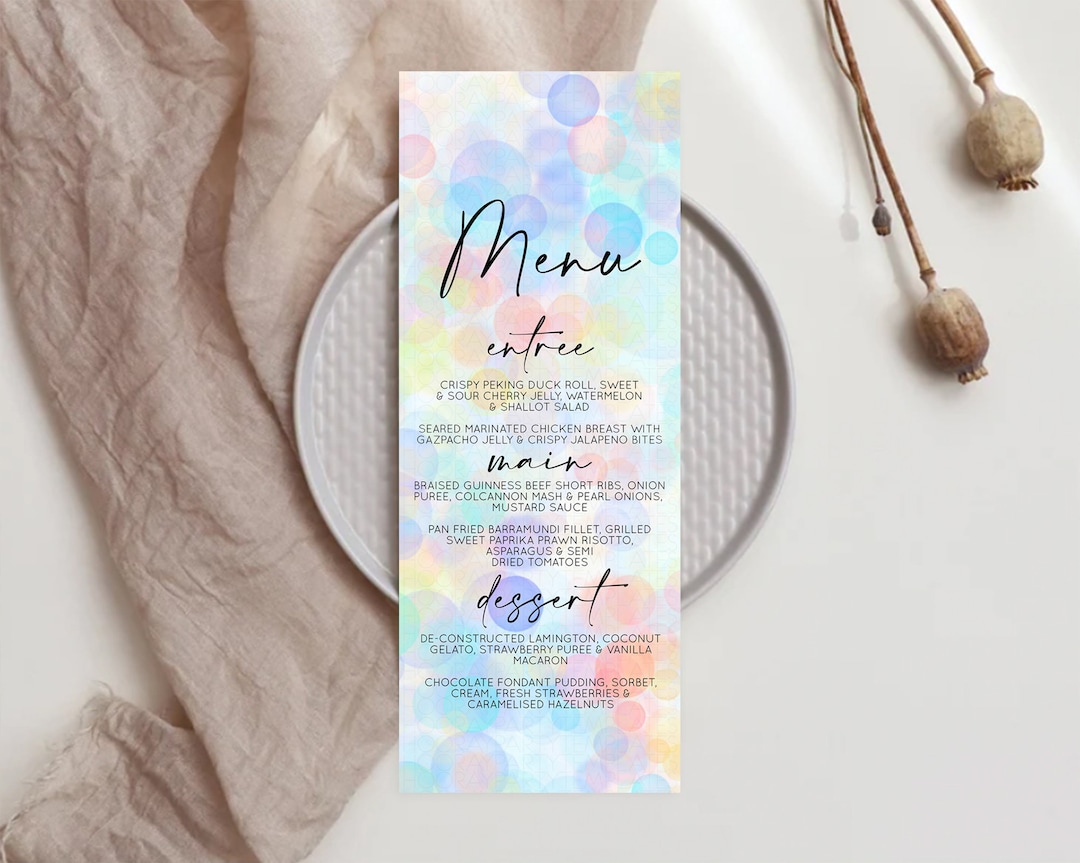 Pastel Menu Bubbles Menu Template Bubble Bath Table Decor Rainbow ...