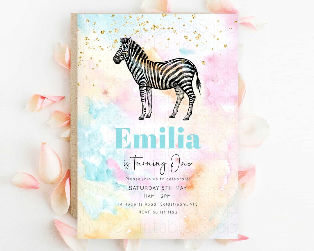 Pastel Zebra Birthday Invitation Pastel Zebra Invite Rainbow Zebra ...