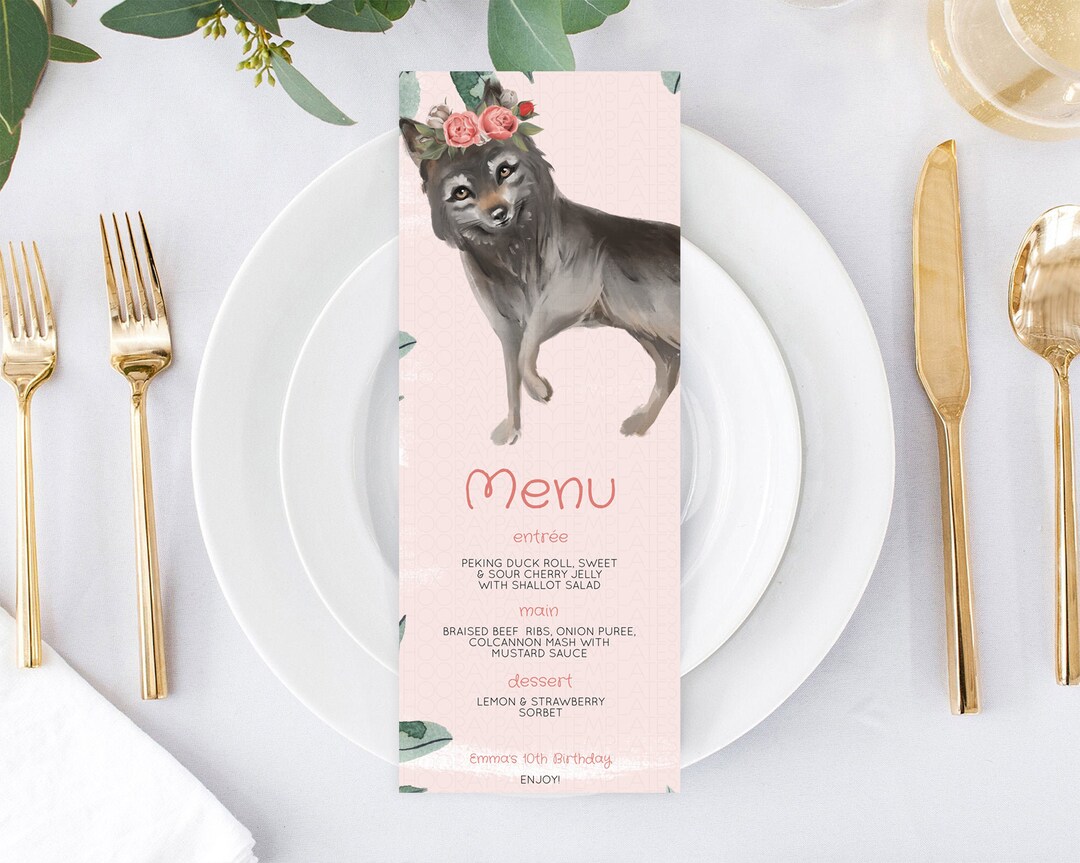 Wolf Menu Wolf Menu Template Pastel Floral Wolf Table Decor Forest Wolf ...