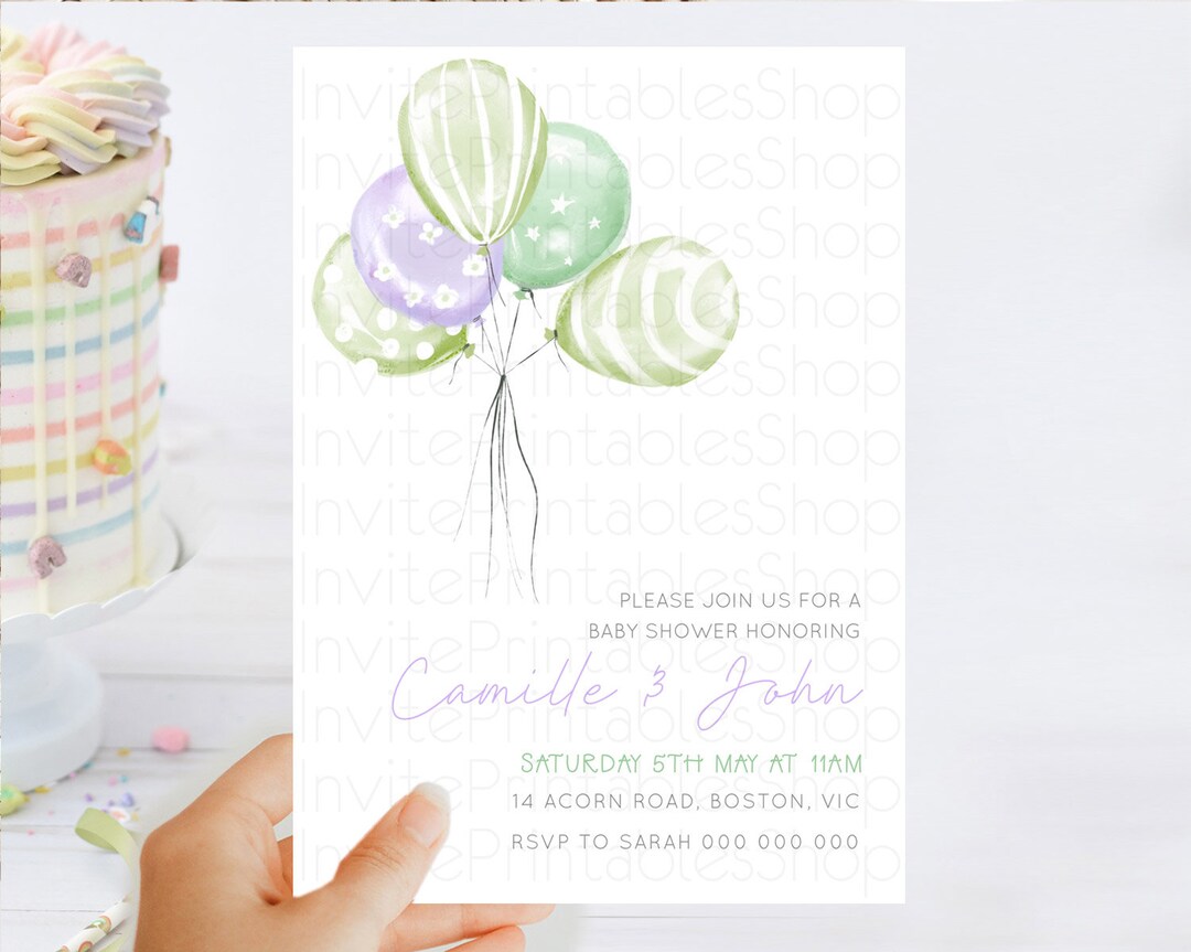Pastel Green and Purple Balloon Baby Shower Invitation Pastel Balloon ...
