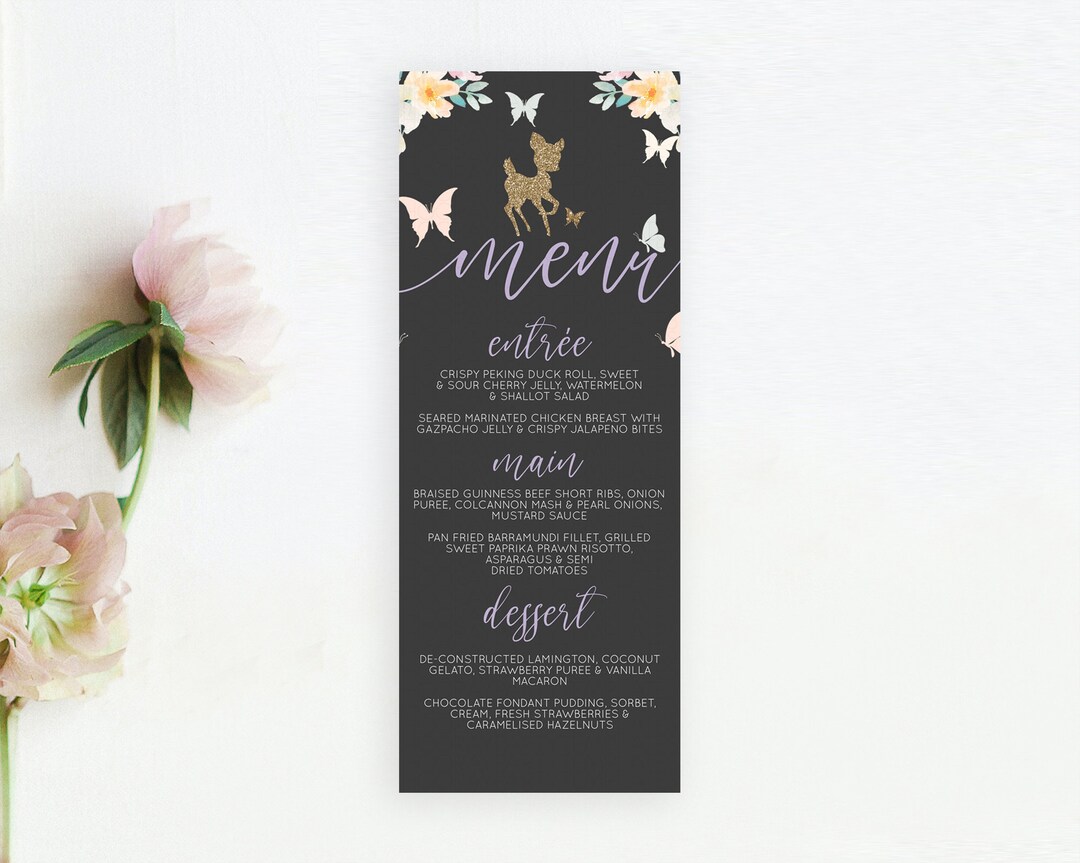 Fawn Menu Deer Menu Template Pastel Floral Deer Table Decor Enchanted ...