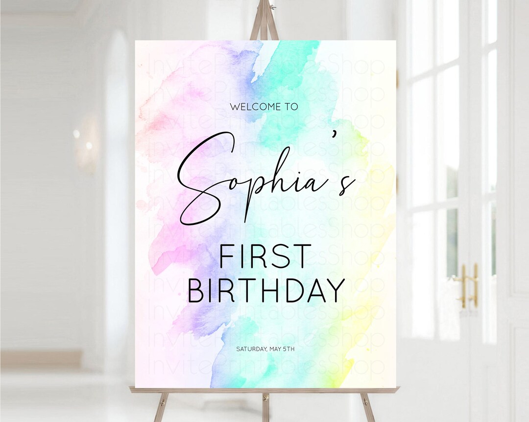 Rainbow Welcome Sign Pastel 1st Birthday Sign Ombre Watercolor Birthday ...