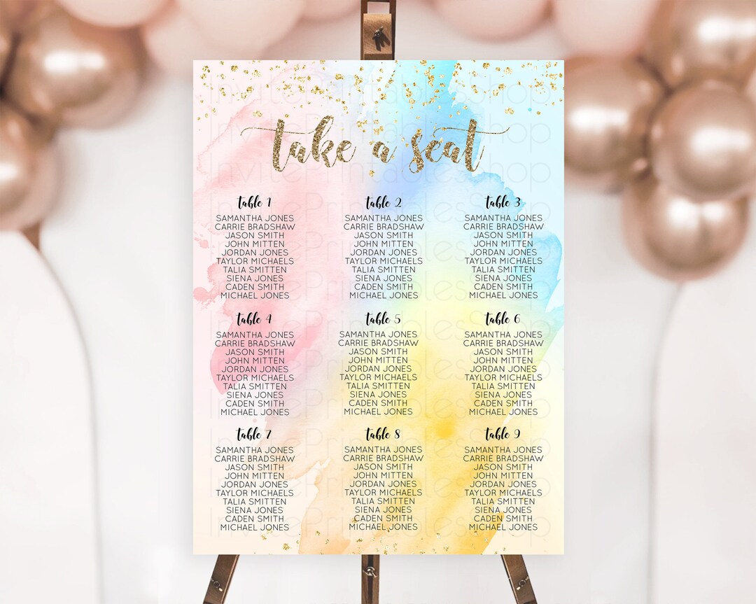 Rainbow Seating Chart Pastel Seating Chart Colorful Pastel Watercolor ...