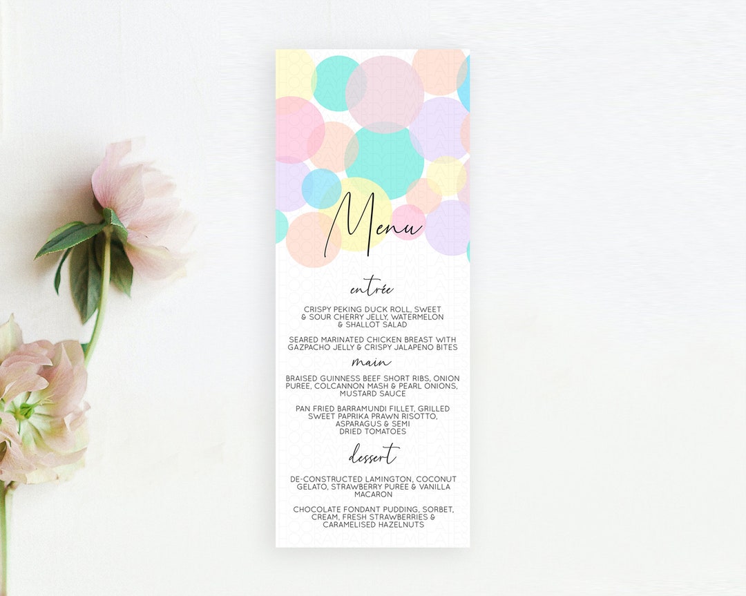 Rainbow Menu Pastel Menu Template Pastel Rainbow Table Decor Confetti ...
