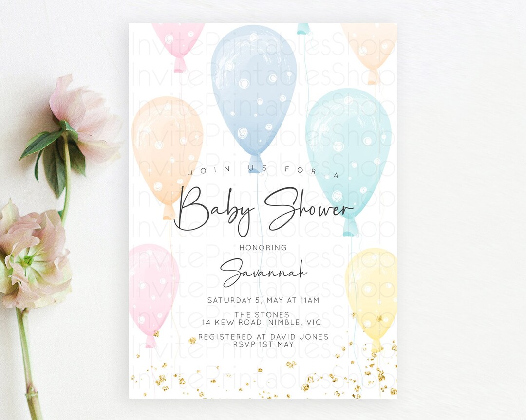 Pastel Balloon Baby Shower Invitation Pastel Balloon Invitation ...
