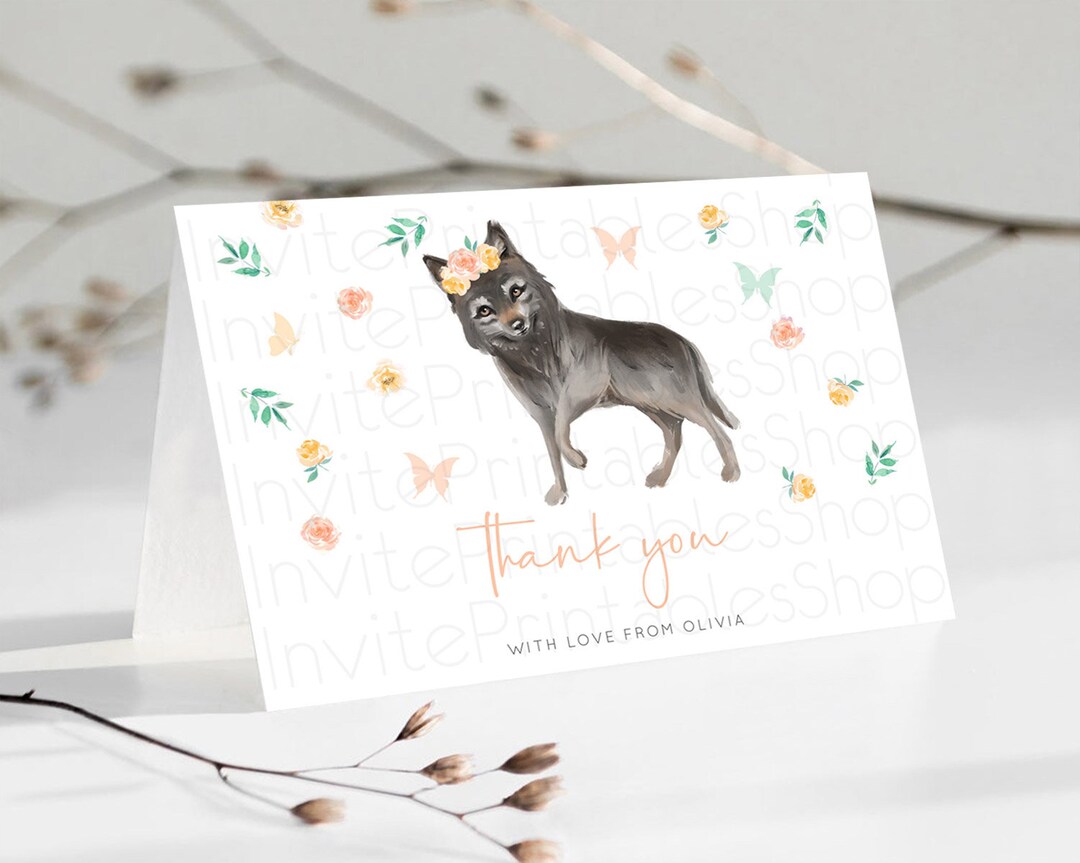 Wolf Thank You Wolf Thank You Card Pastel Floral Wolf Birthday Thank ...