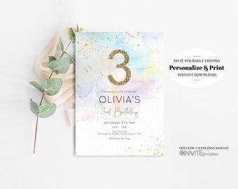 Watercolor Birthday Invitation Colorful Pastel Rainbow Splash | Etsy