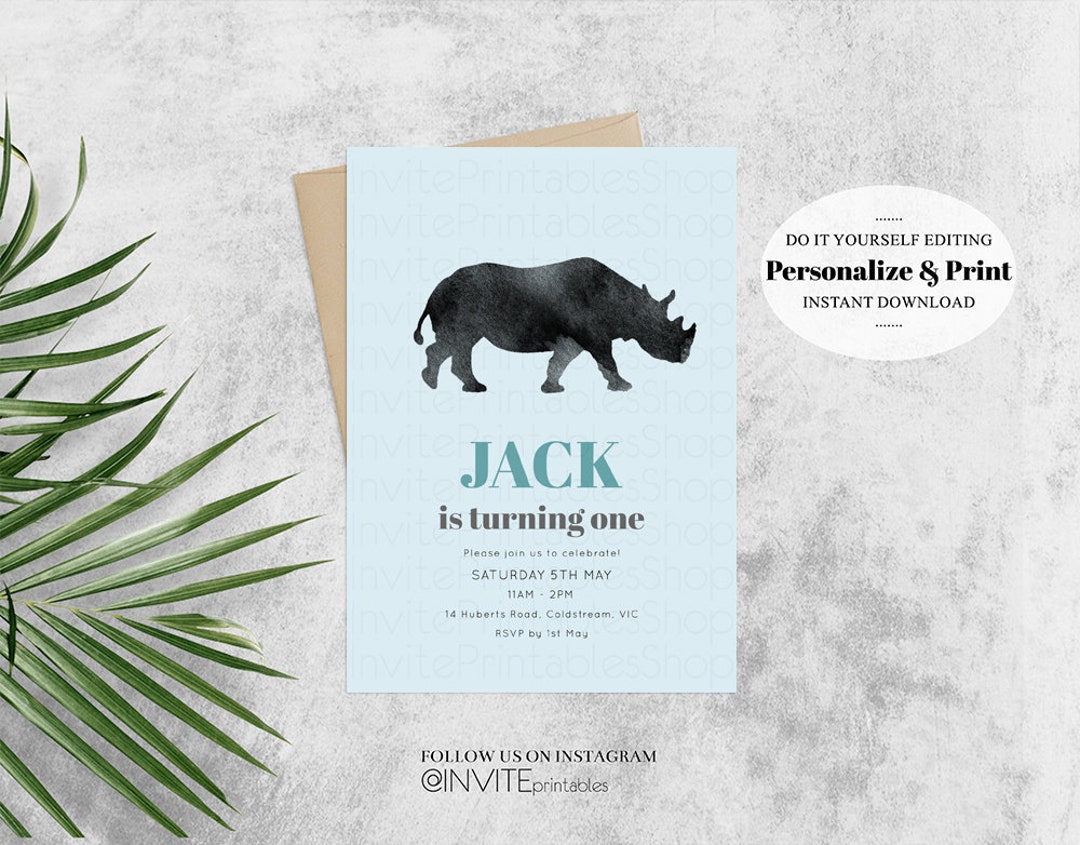Rhinoceros Birthday Invitation Watercolor Rhino Tropical Palm Jungle ...