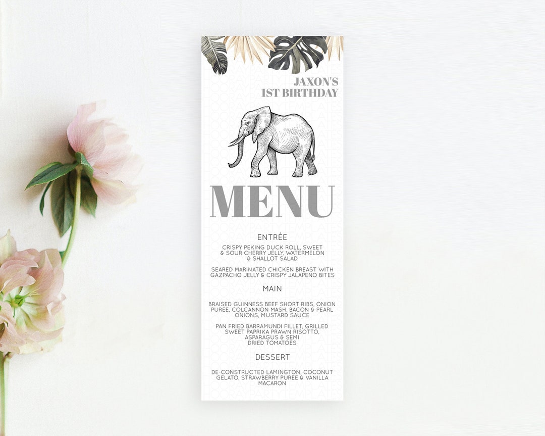 Elephant Menu Elephant Menu Template Elephant Safari Zoo Table Decor ...