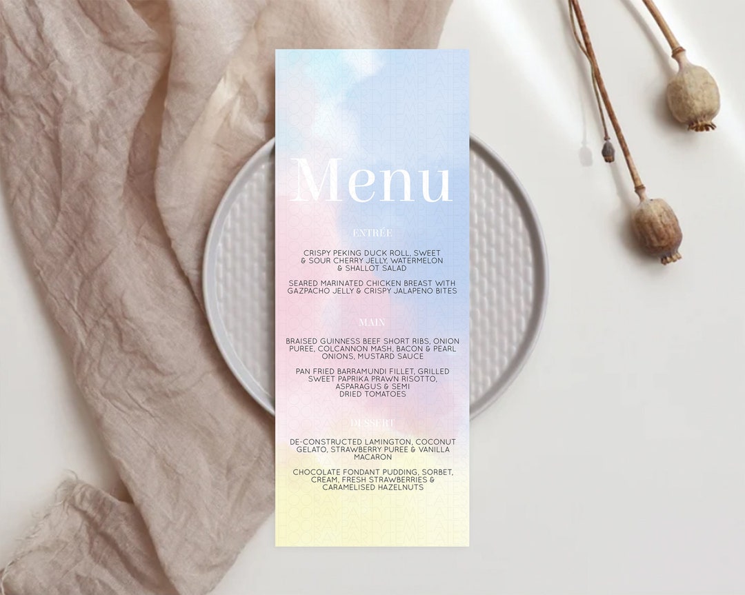 Pastel Menu Pastel Rainbow Menu Template Colorful Pastel Table Decor ...