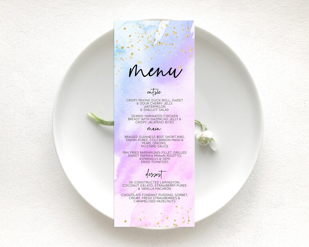 Purple Menu Purple Watercolor Menu Template Pastel Purple Table Décor ...