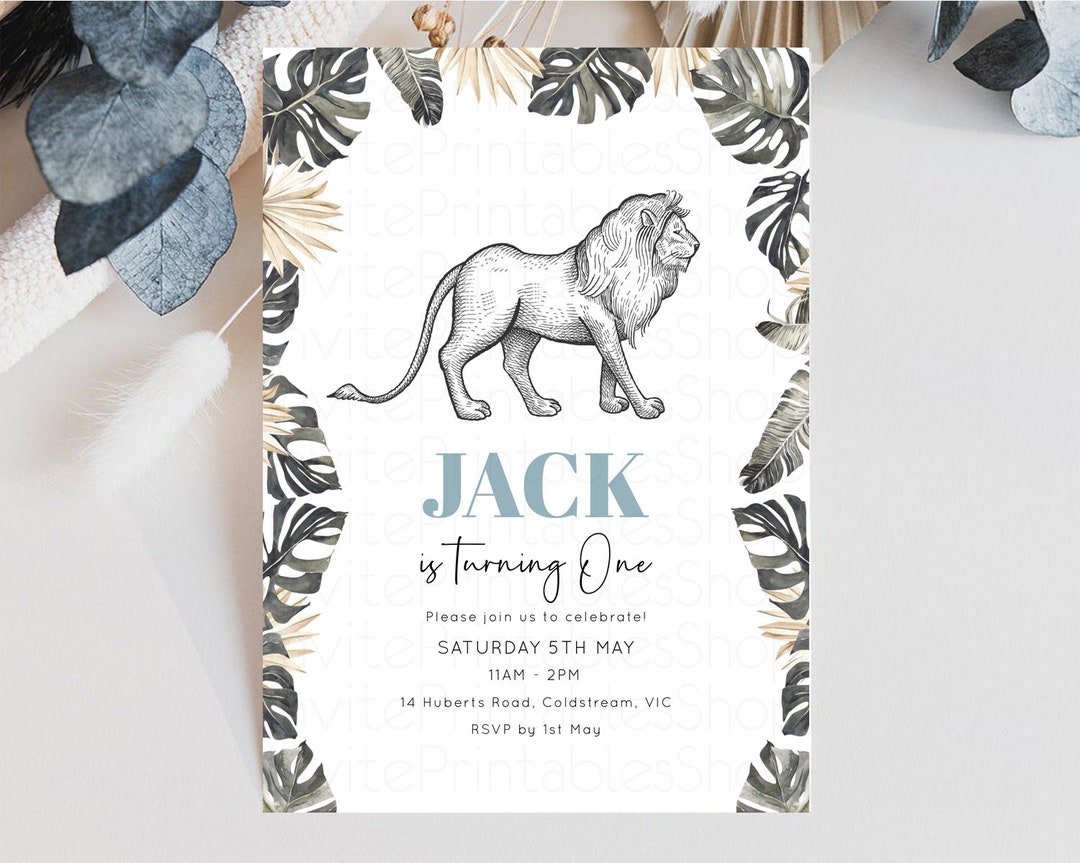 Lion Birthday Invitation Lion Invitation Tropical Palms Invitation ...