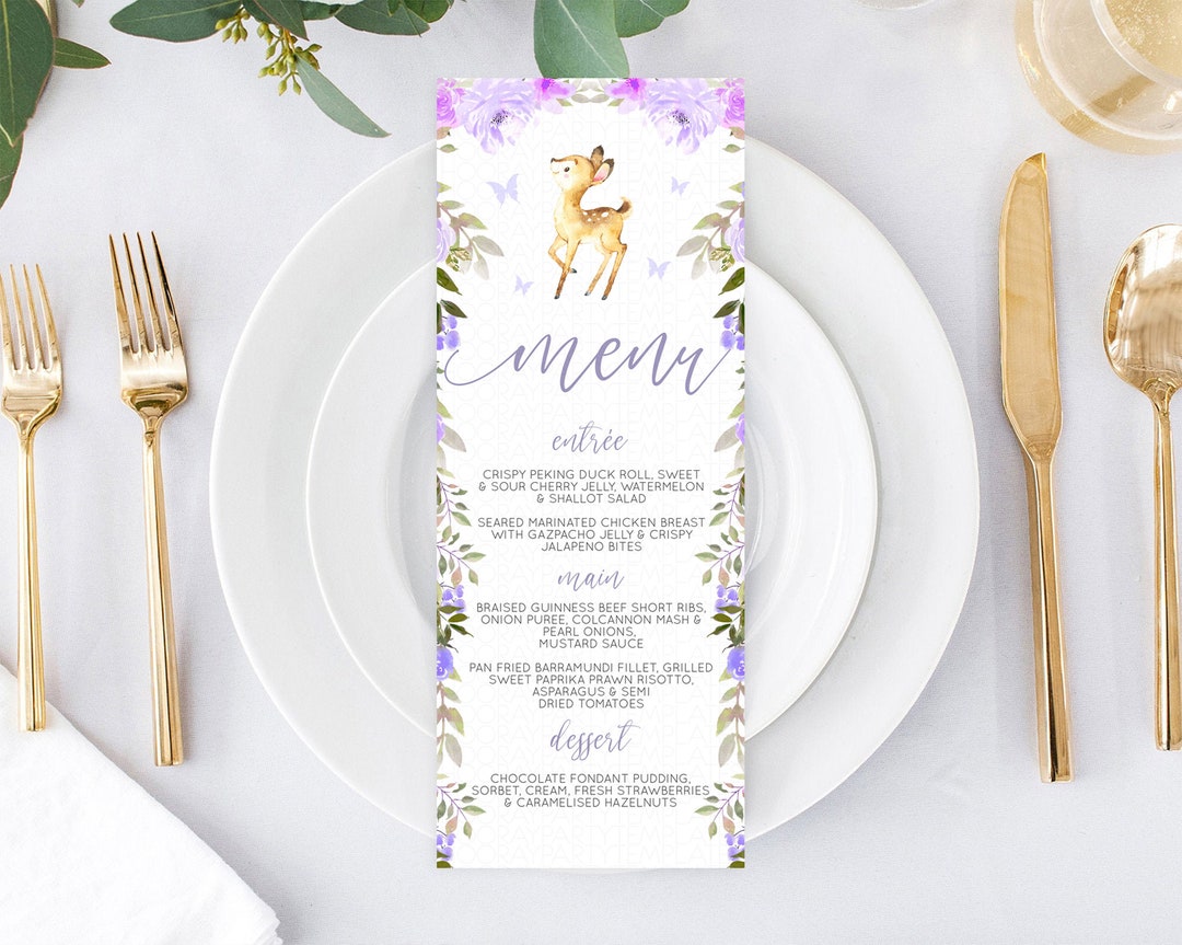 Fawn Menu Deer Menu Template Pastel Floral Deer Table Decor Enchanted ...