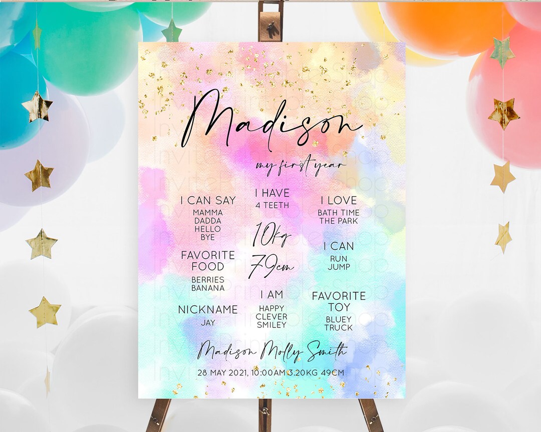 Pastel First Birthday Milestone Board Pastel Rainbow Milestone Poster ...