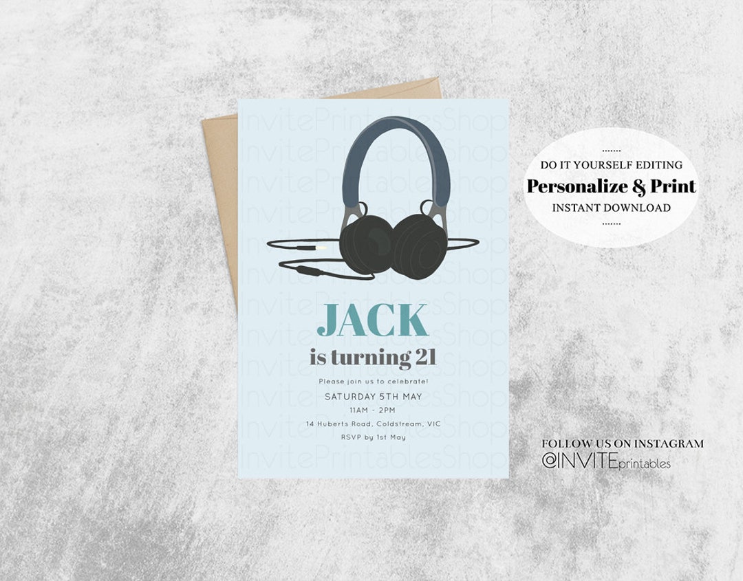 21st DJ Birthday Invitation DJ Headphones Invite Techno House Dance ...