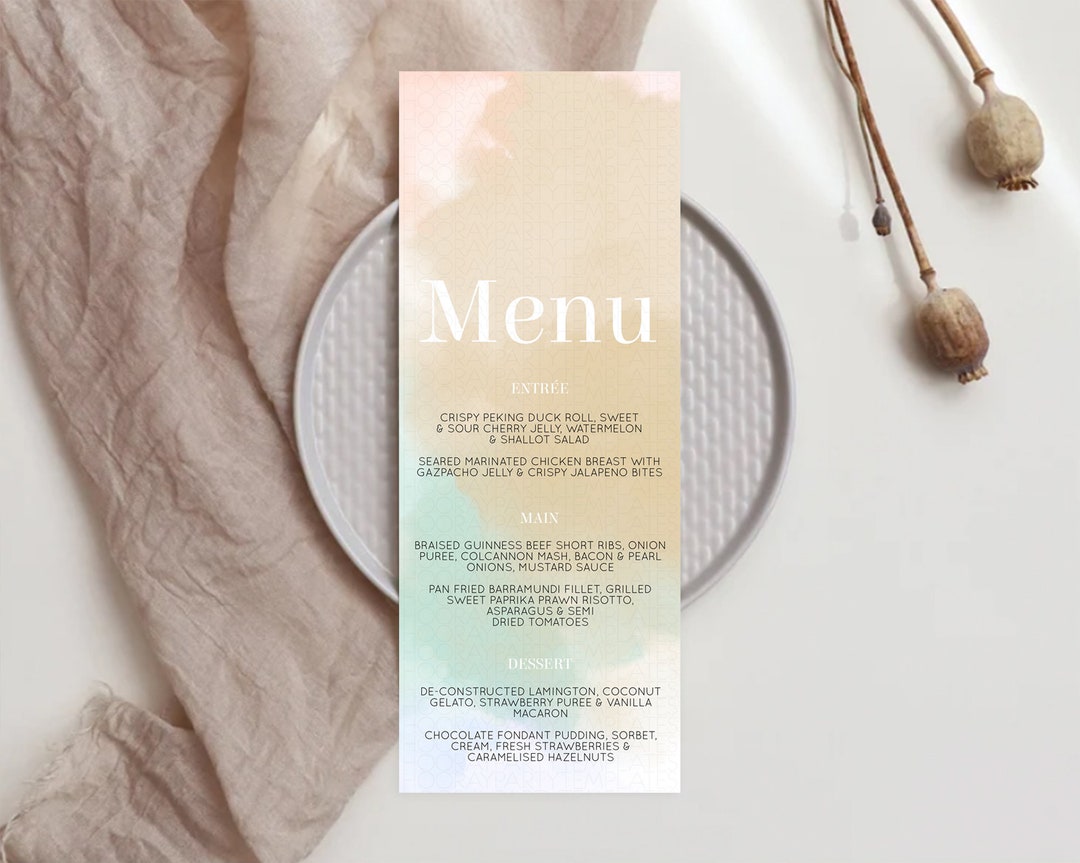 Pastel Menu Pastel Rainbow Menu Template Colorful Pastel Table Decor ...