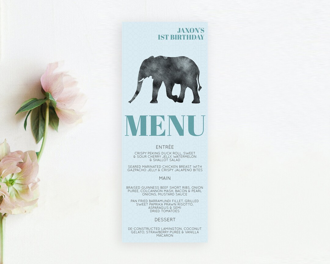 Elephant Menu Elephant Menu Template Elephant Safari Zoo Table Decor ...
