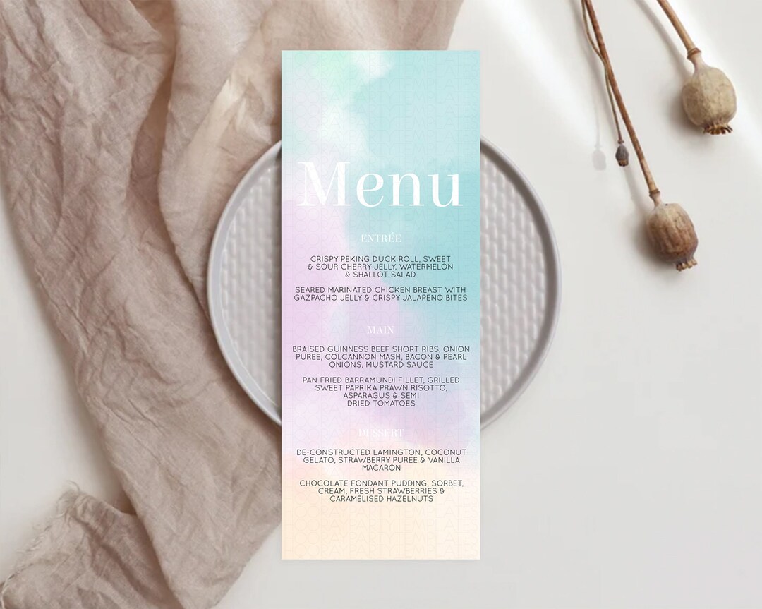 Pastel Menu Pastel Rainbow Menu Template Colorful Pastel Table Decor ...
