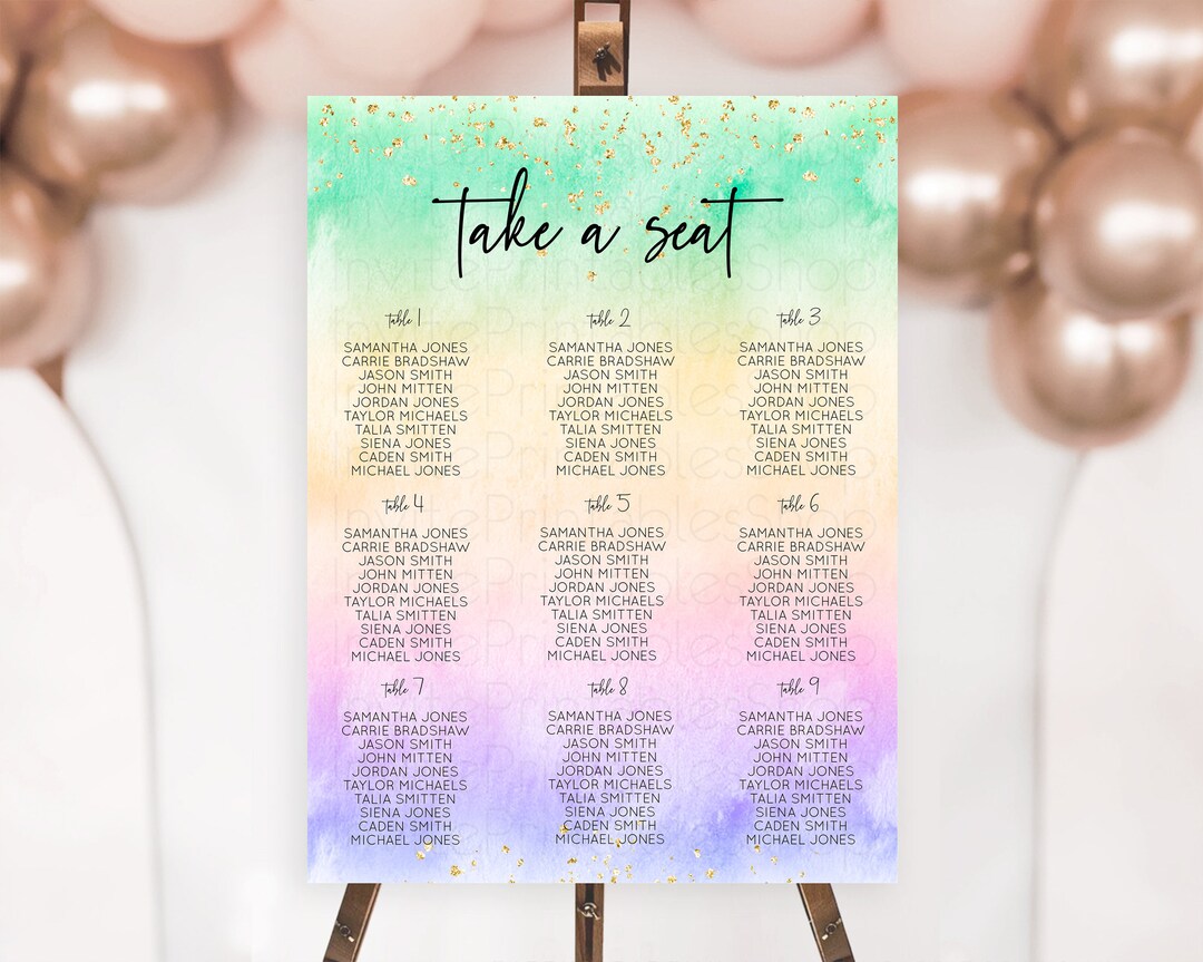 Rainbow Seating Chart Pastel Seating Chart Colorful Pastel Watercolor ...