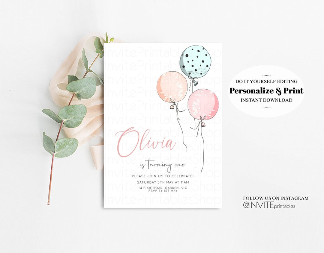 Balloon Birthday Invitation Colorful Invite Rainbow Pastel Watercolor ...