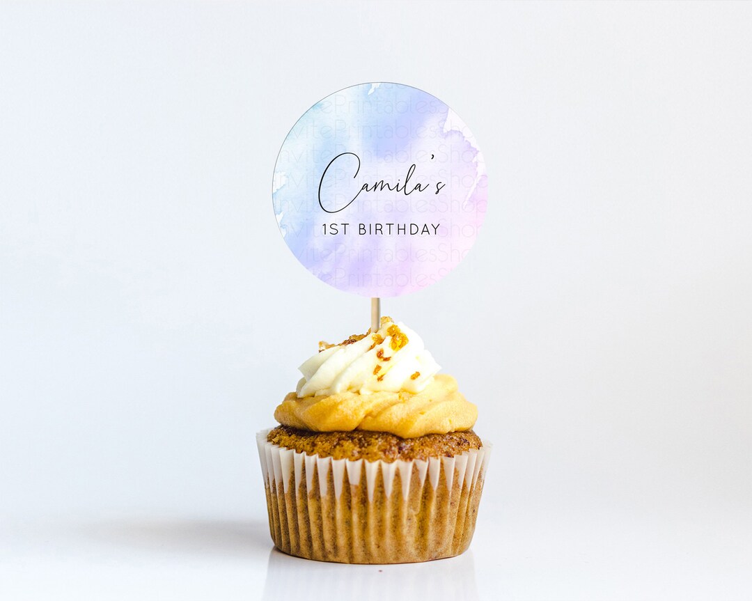 Purple Cupcake Toppers Purple Watercolor Cupcake Topper Pastel Purple ...