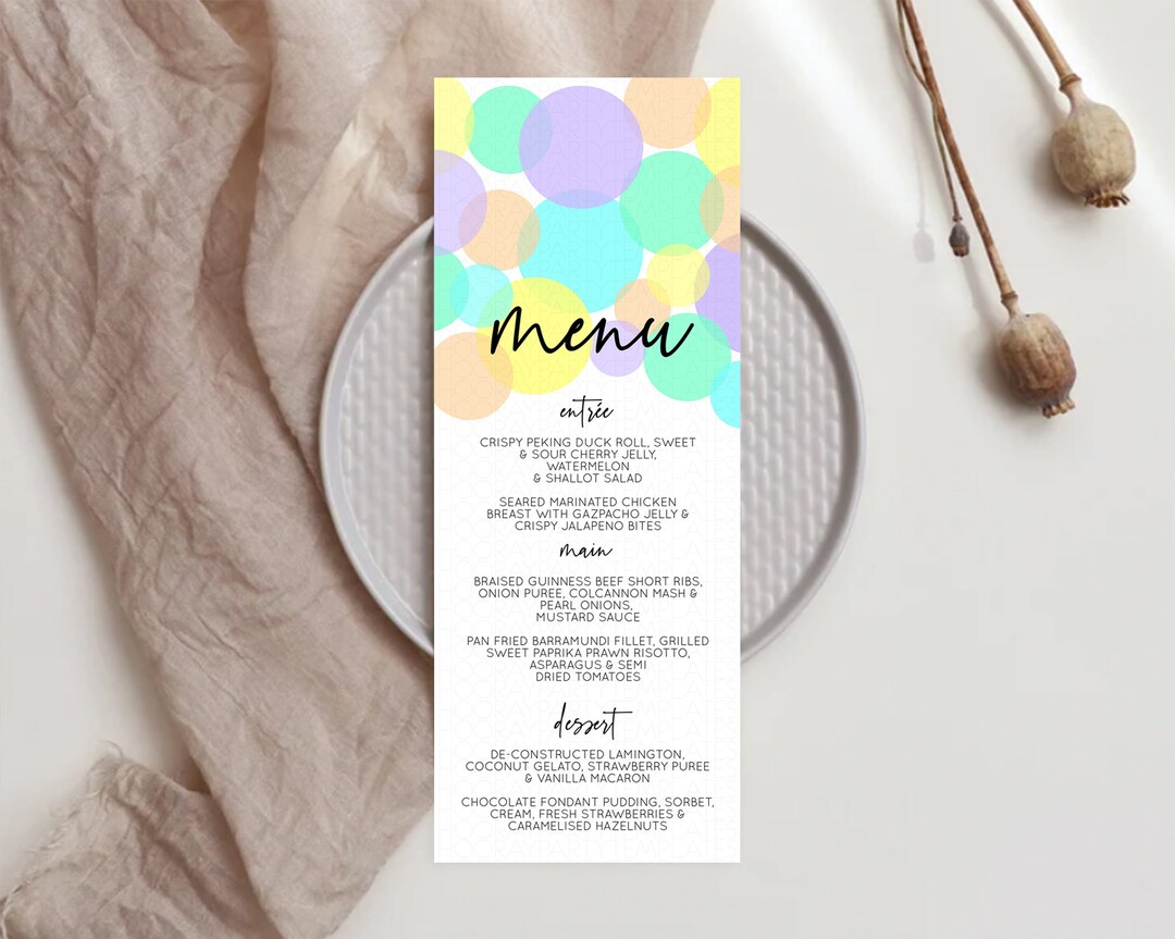 Rainbow Menu Pastel Menu Template Pastel Rainbow Table Decor Confetti ...