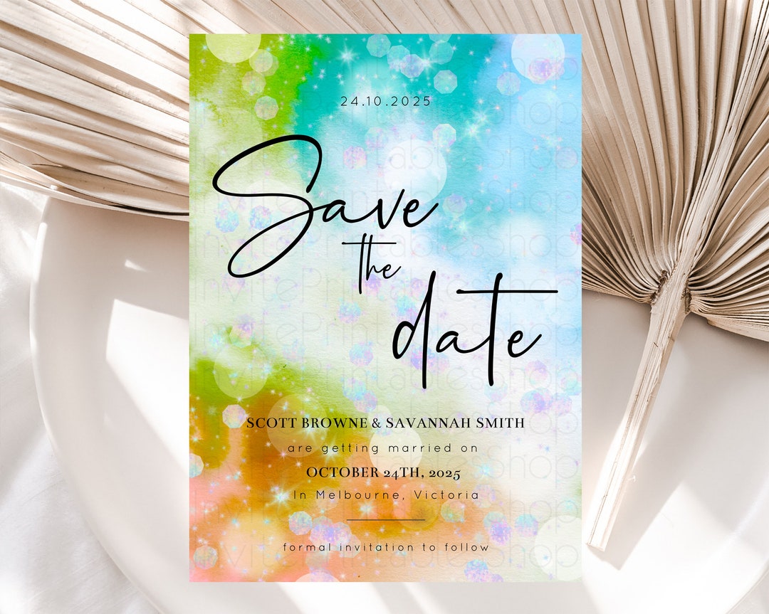 Colorful Save the Date Template Pastel Rainbow Watercolor Iridescent ...