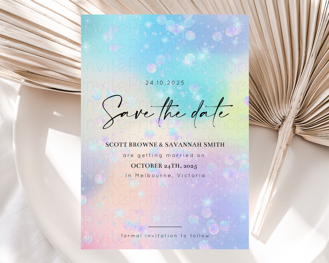 Colorful Save the Date Template Pastel Rainbow Watercolor Iridescent ...