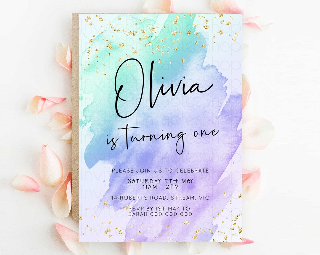 Pastel Birthday Invitation Ombre Watercolor Birthday Invitation Glitter ...