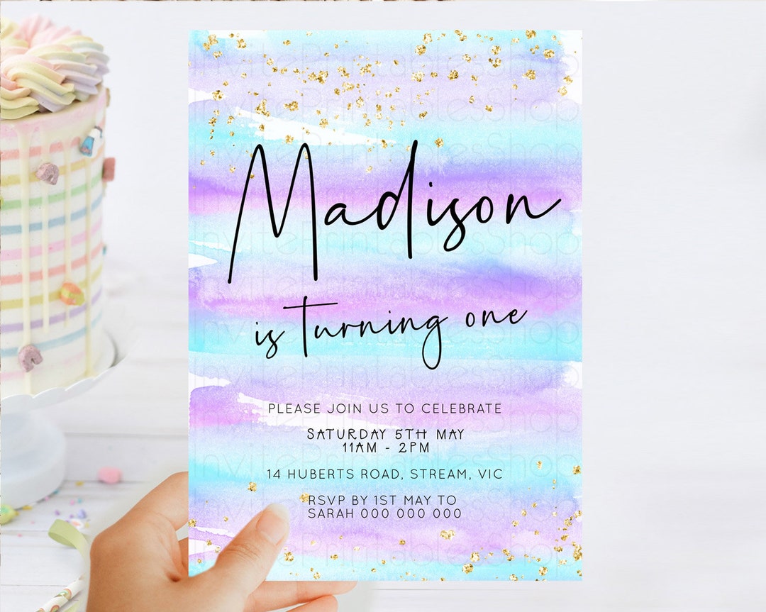 Pastel Birthday Invitation Ombre Watercolor Birthday Invitation Glitter ...