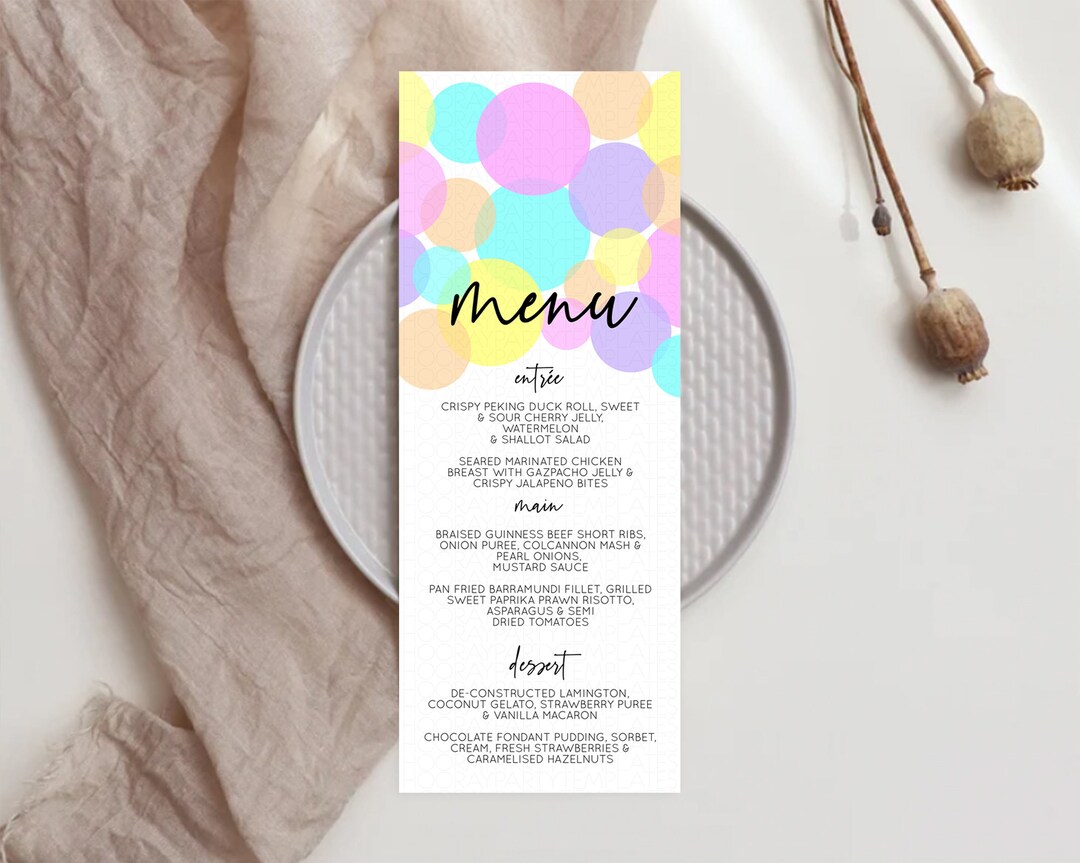 Rainbow Menu Pastel Menu Template Pastel Rainbow Table Decor Confetti ...