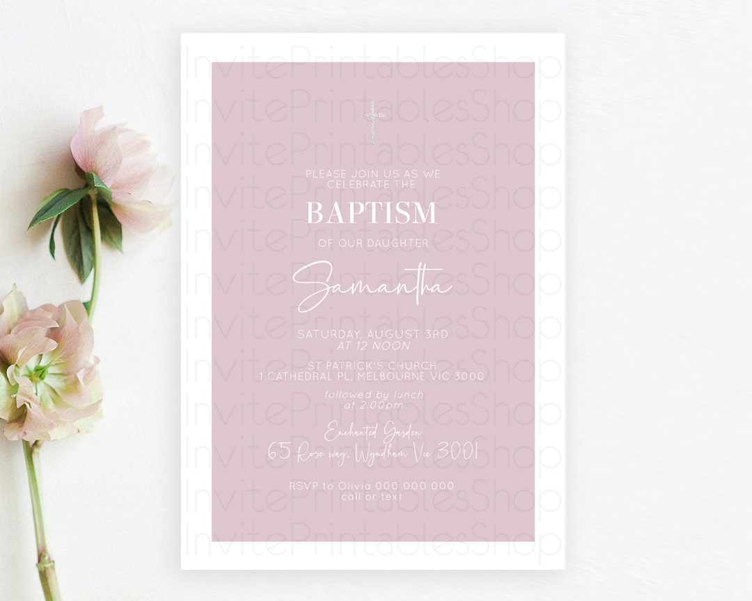 Pink Baptism Invitation Plain Pink Baptism 1st Birthday Invitation ...