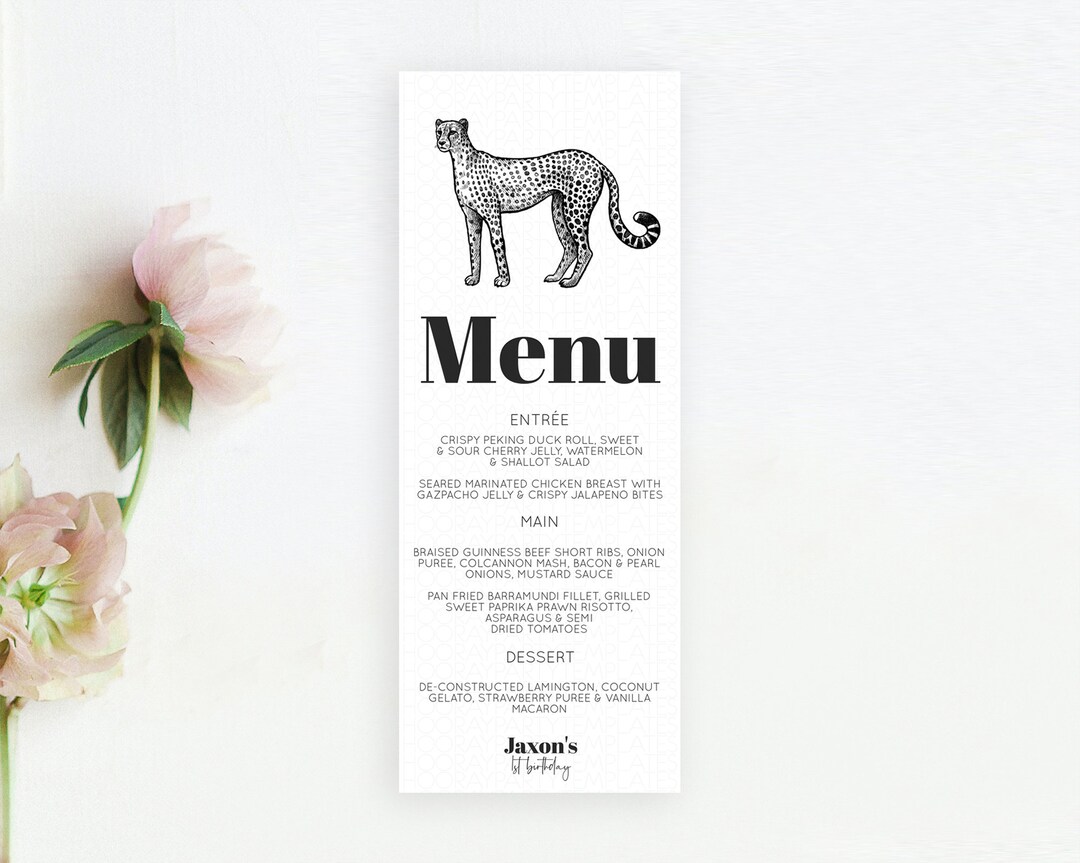Cheetah Menu Cheetah Menu Template Cheetah Party Table Decor Safari ...