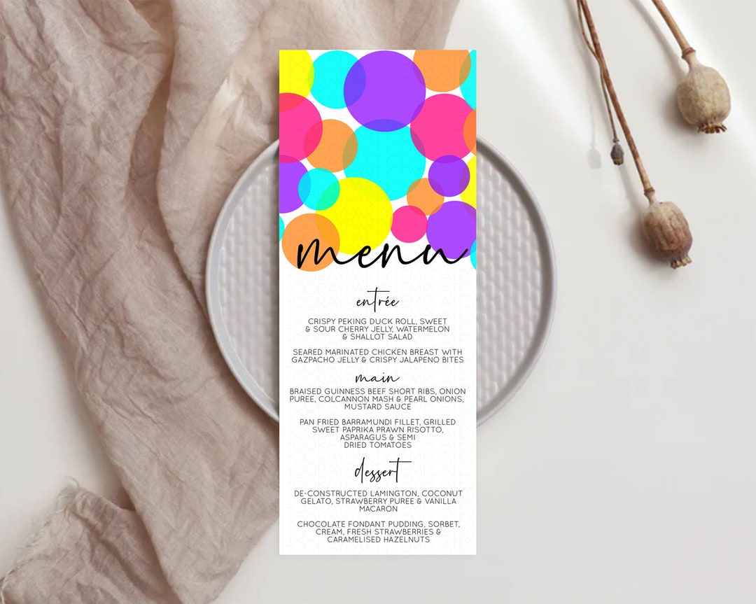 Rainbow Menu Pastel Menu Template Pastel Rainbow Table Decor Confetti ...
