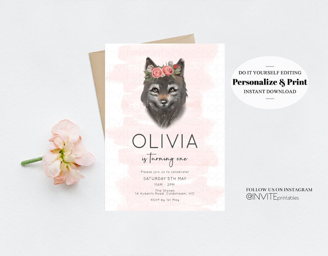 Wolf Invitation Wolf Birthday Invite Grey Baby Wolf Tribal Boho Pink ...