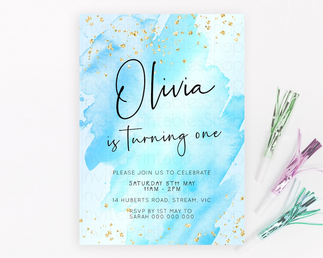 Blue Birthday Invitation Blue Watercolor Invitation Pastel Blue ...