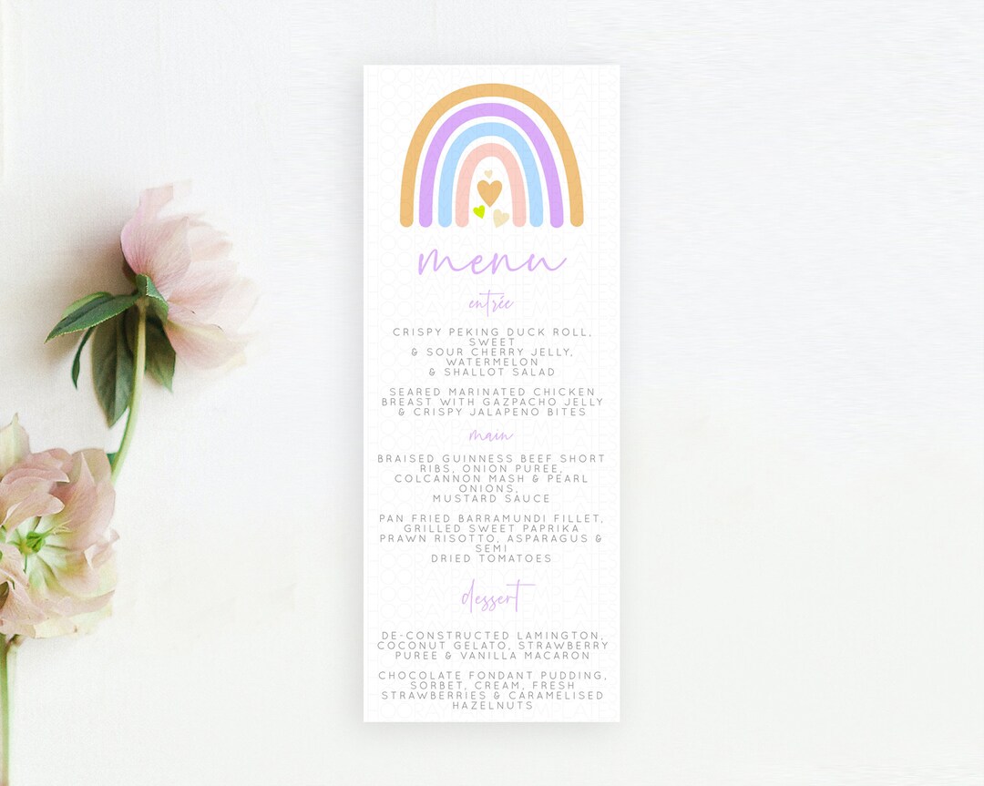 Pastel Rainbow Menu Boho Rainbow Menu Template Rainbow Boho Table Decor ...