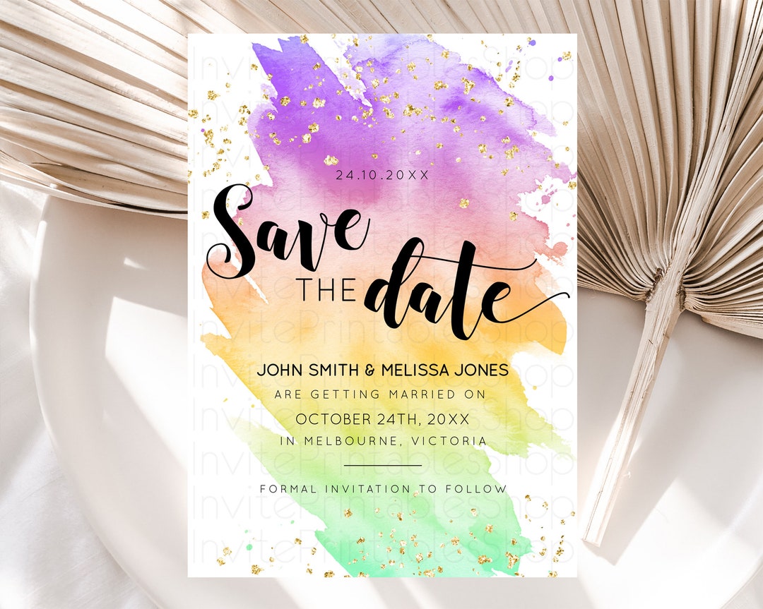 Pastel Save the Date Template Pastel Ombre Rainbow Watercolor Colorful ...