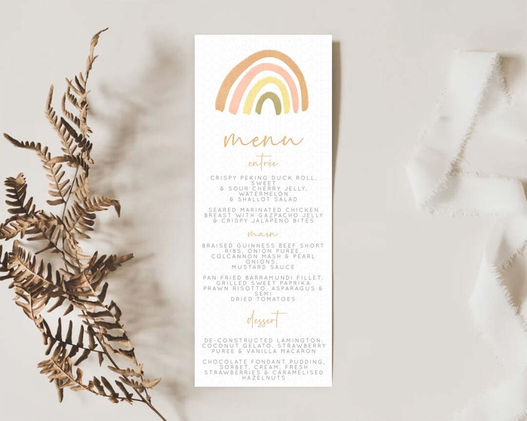Pastel Rainbow Menu Boho Rainbow Menu Template Rainbow Boho Table Decor ...