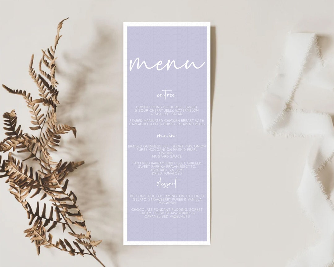 Purple Menu Pastel Purple Menu Template Purple Minimal Table Decor ...
