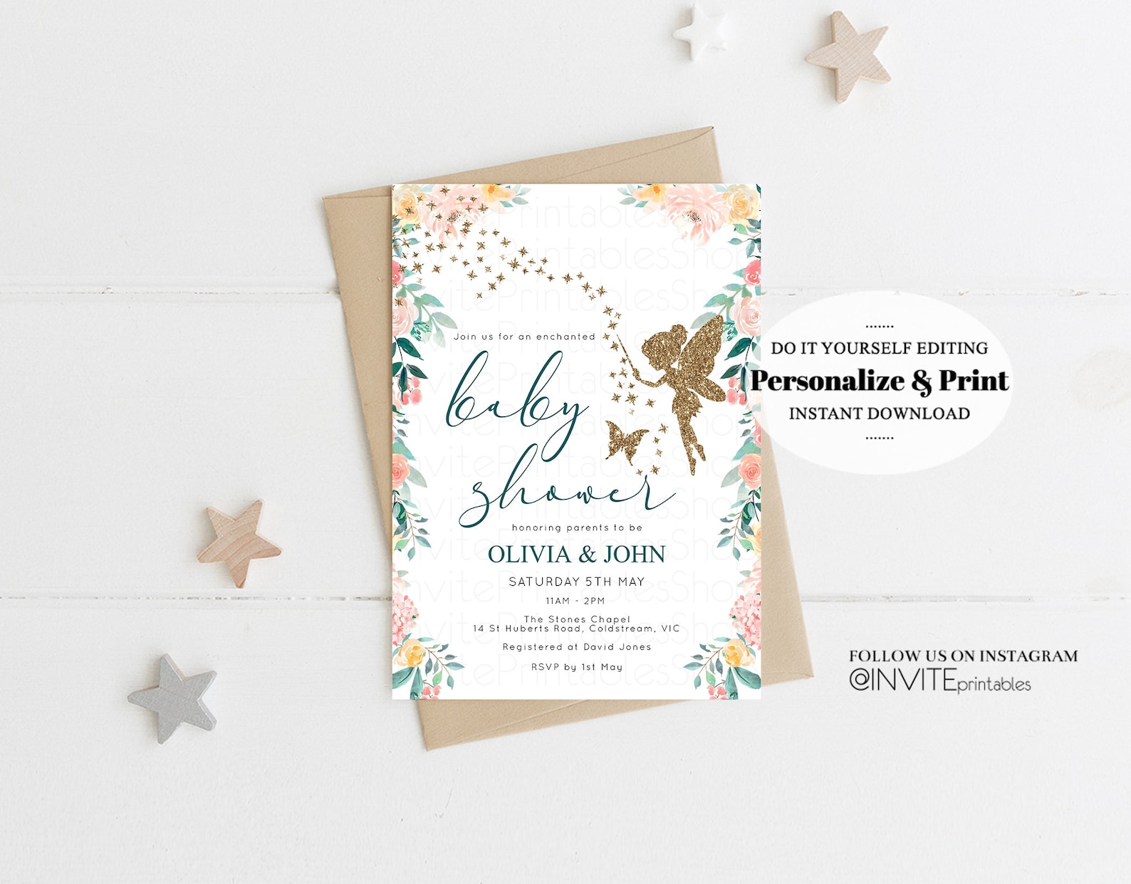 Fairy Baby Shower Invitation Enchanted Baby Tinkerbell Glitter - Etsy
