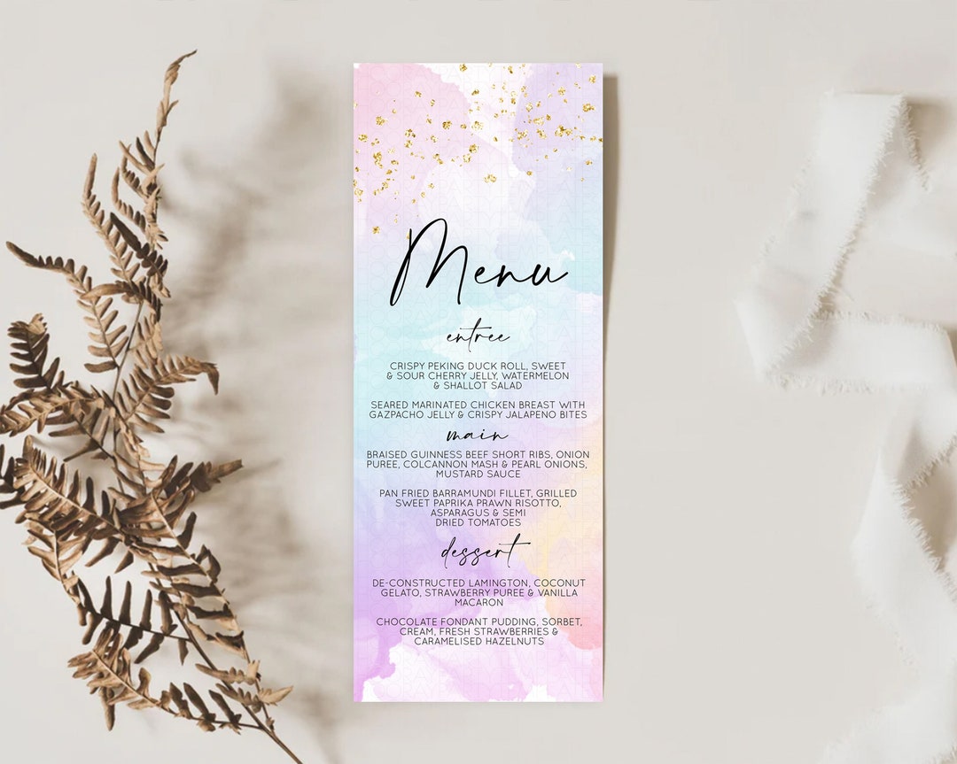 Pastel Menu Pastel Rainbow Menu Template Colorful Pastel Table Decor ...