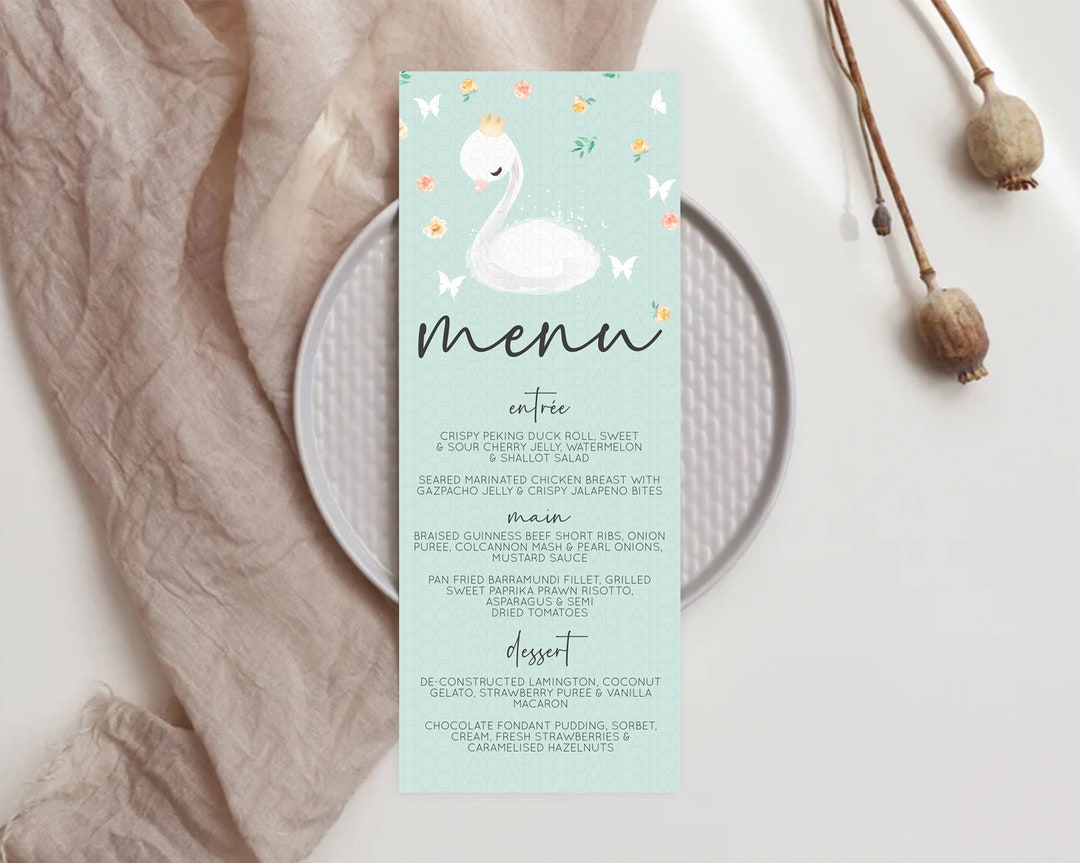 Swan Menu Swan Princess Ballet Menu Template Enchanted Swan Lake Table ...