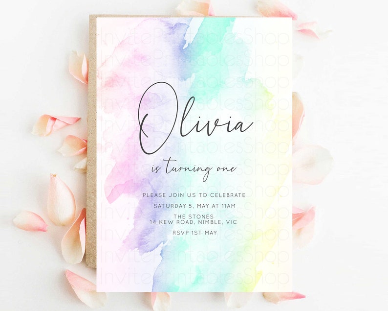 Rainbow Watercolor Birthday Invitation Pastel Rainbow Birthday | Etsy