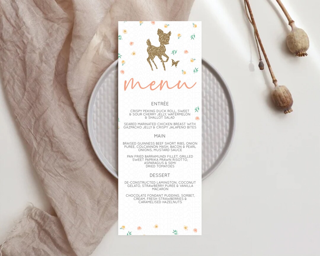 Fawn Menu Deer Menu Template Pastel Floral Deer Table Decor Enchanted ...