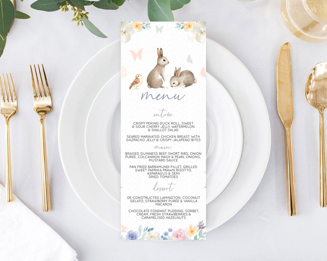 Bunny Menu Floral Bunny Menu Template Pastel Flowers Bunny Table Decor ...
