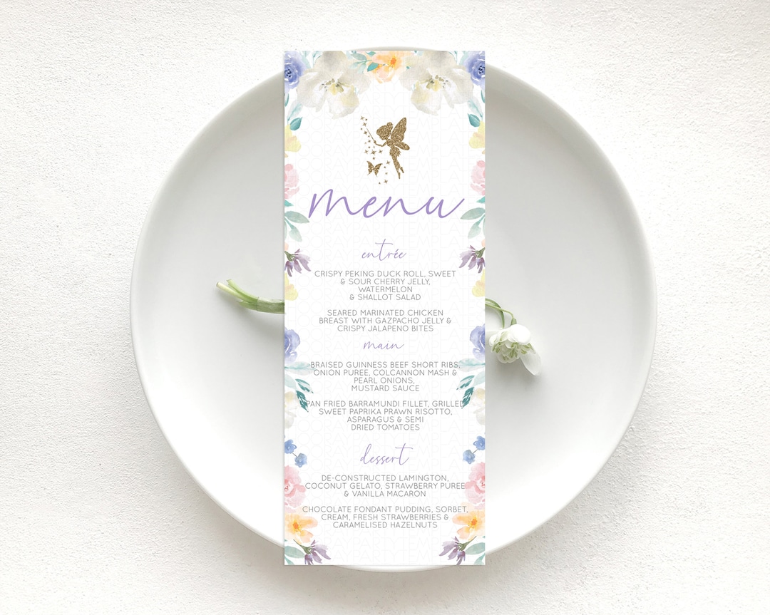 Fairy Menu Fairy Menu Template Enchanted Garden Pastel Floral Butterfly ...