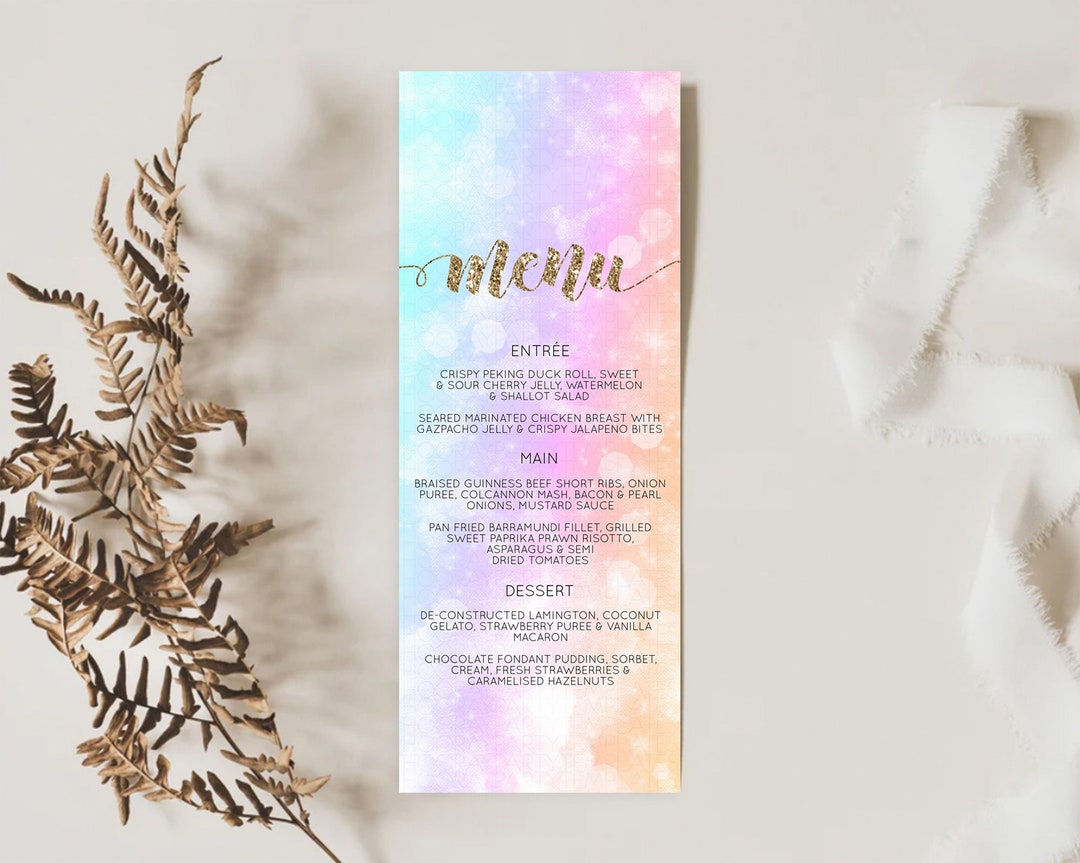 Pastel Menu Pastel Rainbow Menu Template Colorful Pastel Table Decor ...