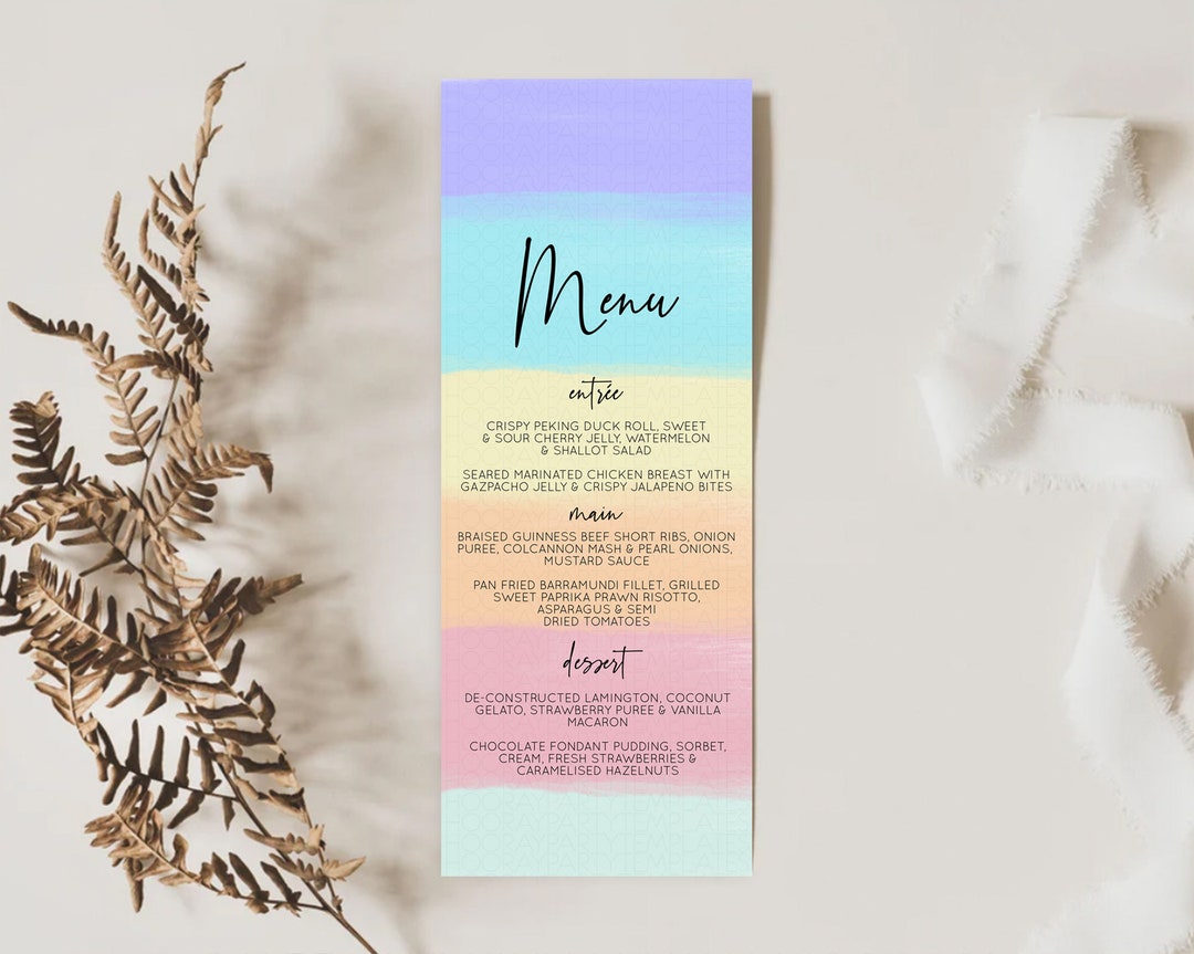 Pastel Menu Pastel Rainbow Menu Template Colorful Pastel Table Decor ...